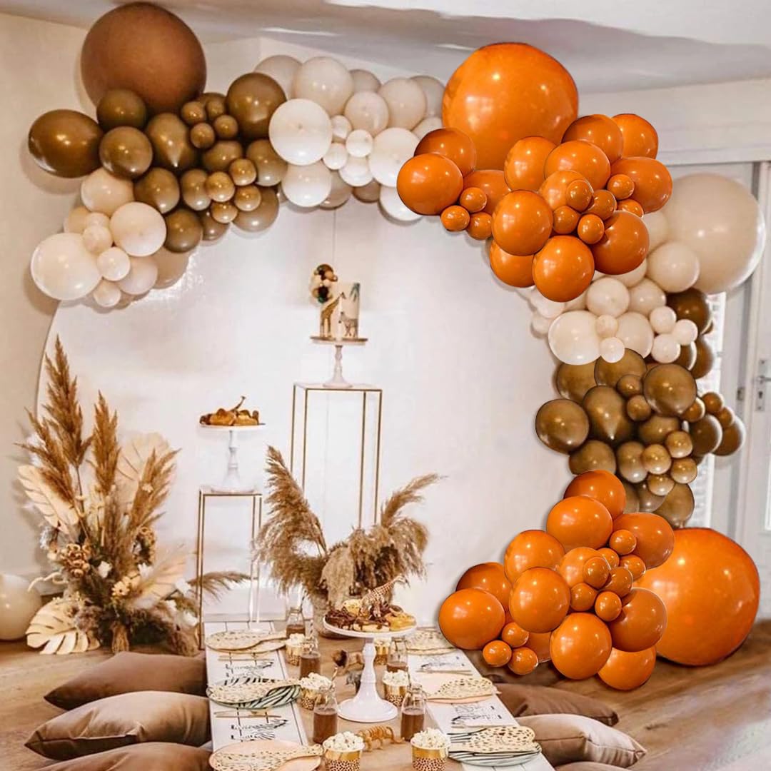 142pcs Burnt Orange Balloon Garland Arch Kit, Burnt Orange Brown Sand White Balloons for Fall Boho Baby Shower Birthday Little Pumpkin Thanksgiving Party Decorations