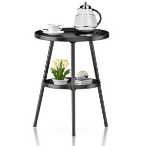 round metal side table, small end table for indoor outdoor, mid century modern decor, black