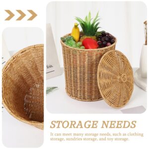 ABOOFAN Wicker Trash Can with Lid Plastic Woven Storage Laundry Hamper Baskets Round Rubbish Wastebasket Garbage Bin for Bedroom Bathroom Kitchen Home Office