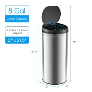 Goplus Automatic Motion Sensor Trash Can, 8 Gallon /30 L Touchless Trash Bin with Soft Close Lid, Round Stainless Steel Waste Bin, Smart Electric Garbage Can for Home Kitchen Office, Silver