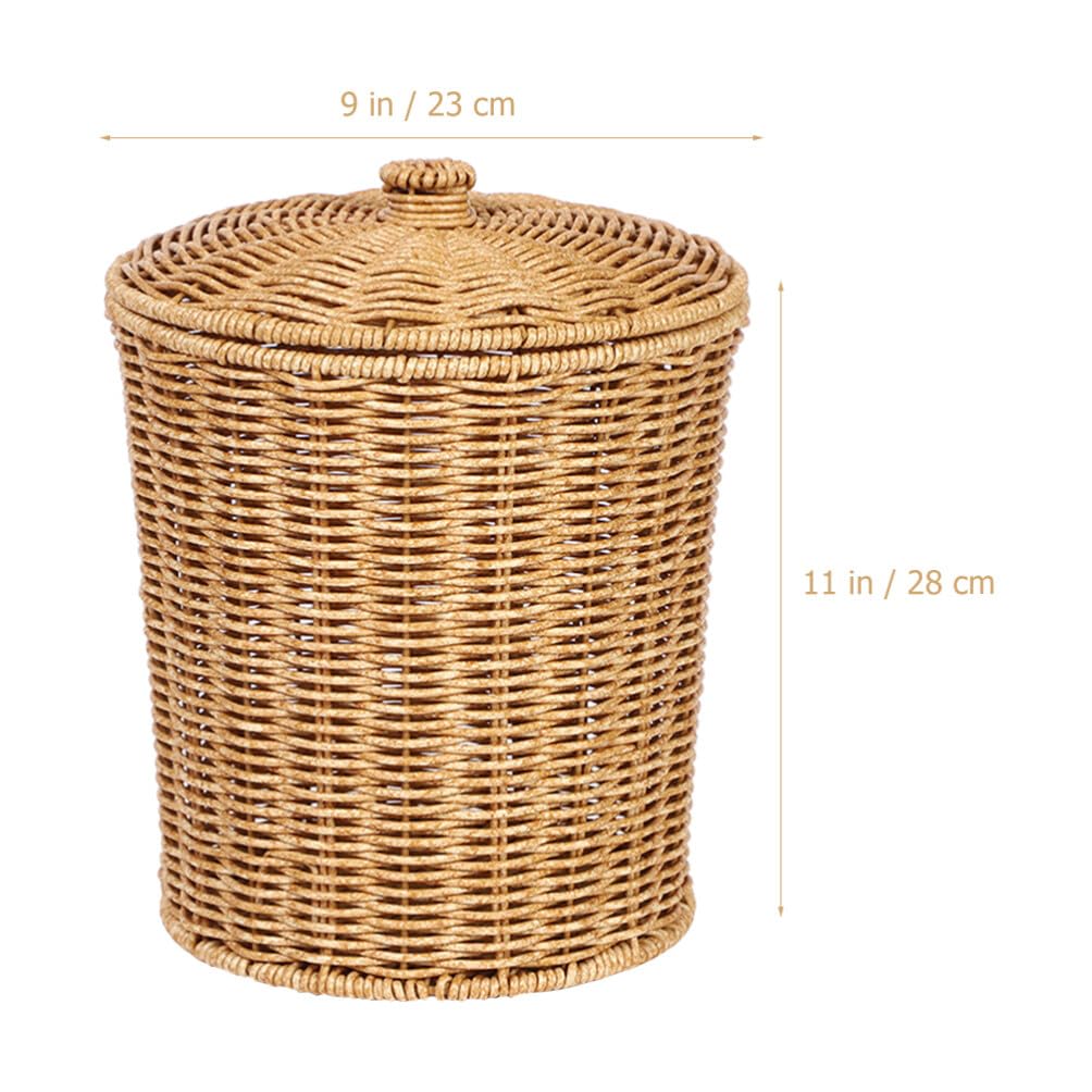 ABOOFAN Wicker Trash Can with Lid Plastic Woven Storage Laundry Hamper Baskets Round Rubbish Wastebasket Garbage Bin for Bedroom Bathroom Kitchen Home Office