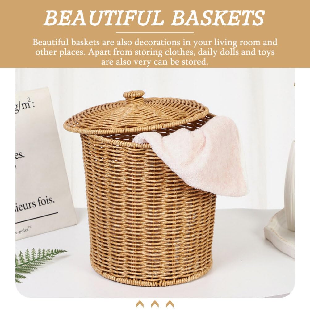 ABOOFAN Wicker Trash Can with Lid Plastic Woven Storage Laundry Hamper Baskets Round Rubbish Wastebasket Garbage Bin for Bedroom Bathroom Kitchen Home Office