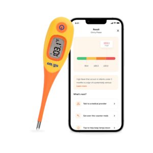 on/go genius thermometer, the quick, smart connected thermometer for adults and children. gives recommendations on treatment, telehealth support from licensed medical provider through on/go app