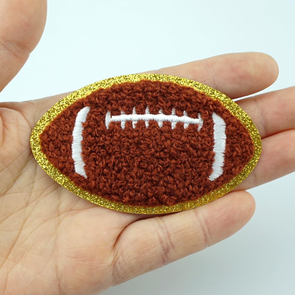 SaktopDeco 6 PCS Football Patch Chenille Football Iron On Patches Gold Edges Football Embroidered Patches for DIY Sew Making Clothes