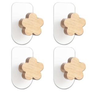 yisiziyo decorative wooden hooks for kids rooms, natural beech, self-adhesive without drilling, 4-pack (flower)