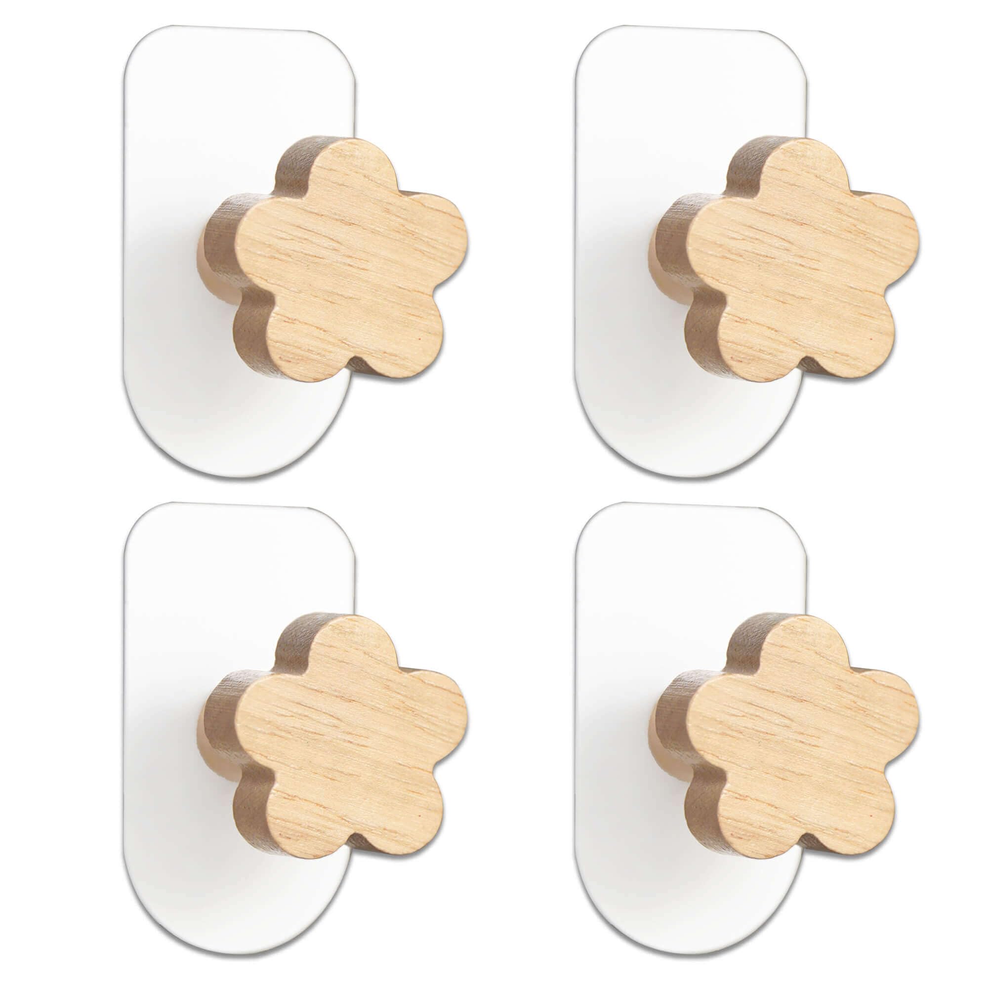 Yisiziyo Decorative Wooden Hooks for Kids Rooms, Natural Beech, self-Adhesive Without Drilling, 4-Pack (Flower)