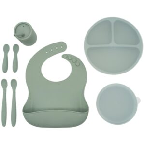 weesprout baby led weaning bundle, silicone suction bowl, spoons, bib & cup, develops self feeding skills, dishwasher safe (green)