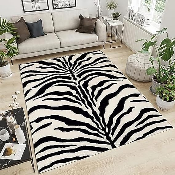 Modern Abstract Black and White Zebra Pattern Carpet, Simple Irregular Geometric Striped Art Home Decoration Carpet, Non-Slip Easy to Clean Carpet for Living Room Bedroom Office-4ft x 6ft