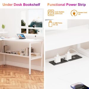 iSunirm Customizable U Shaped Desk, Reversible L Shaped Computer Desk with Adjustable Monitor Stand & Power Outlets & LED Strip Light, Large Office Desk with Storage Shelves, Home Gaming Table, White