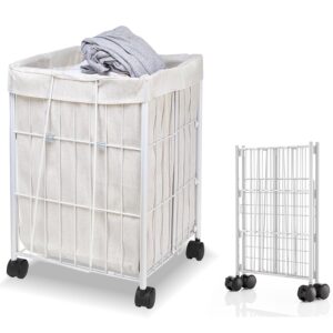 firok rolling laundry basket with wheels,collapsible laundry hamper with handle for dorm, bedroom, laundry room, 45l durable metal frame space saving hamper with removable liner bag(white)