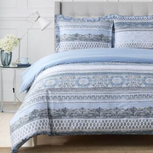 Royal Tradition 3pc 100% Cotton Duvet Cover Set (King/Calking) Medallion Blue Comforter Cover with Pillow Shams