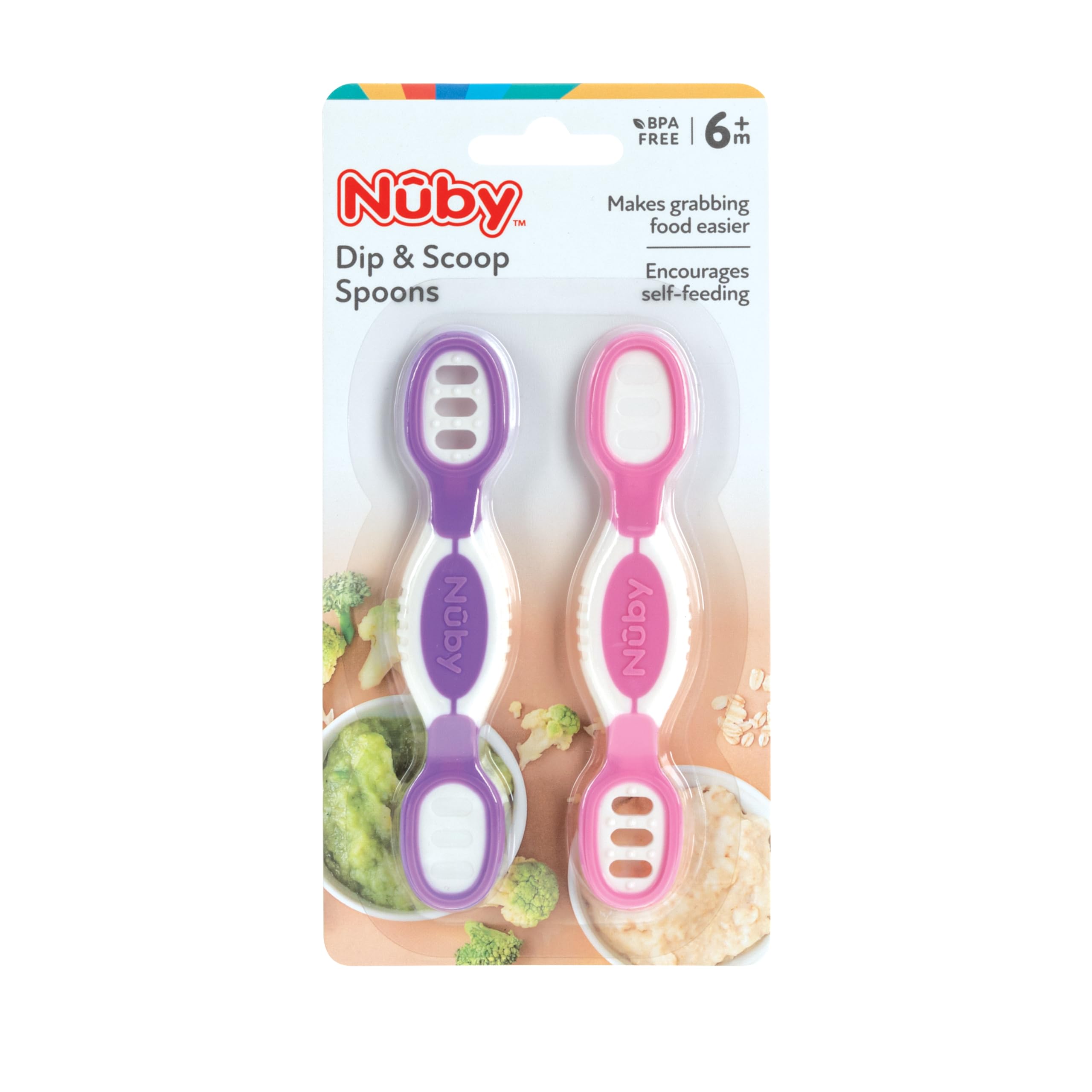 Nuby Dip & Scoop Spoons - (2-Pack) Baby Led Weaning Spoons for Babies - 6+ Months - Purple and Pink