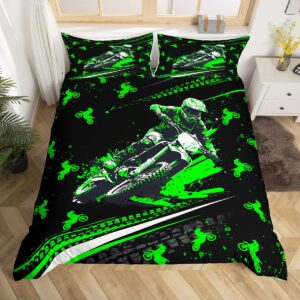 feelyou dirt bike bedding set queen size racing motocross rider comforter cover set for boys teens extreme sports duvet cover breathable green black bedspread cover room decor motorcycle quilt cover