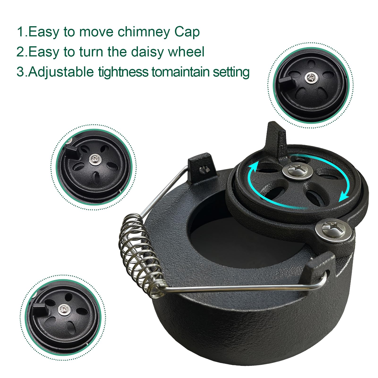 Quantfire Cast Iron Cap for Big Green Egg Dual Function Metal Top, Daisy Wheel Chimney Cap for Small/MiniMax Big Green Egg Accessories Replacement