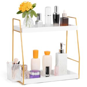 byt bathroom organizer countertop, 2-tier bathroom organizer tray for counter with basket, vanity organizer and storage for makeup bedroom, wood spice rack organizer for kitchen (golden+white)