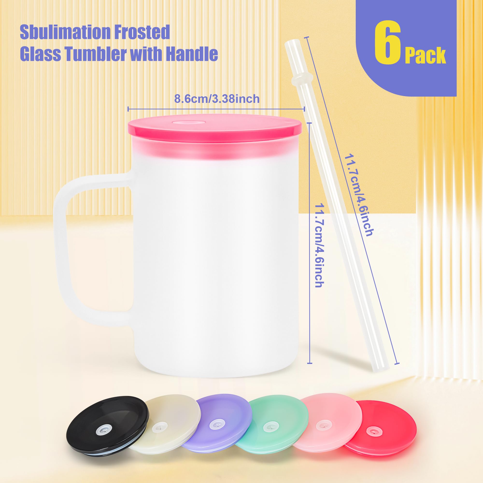 sweet grain Sublimation Glass Mug with Handle, 17 oz 6 Pack Frosted Glass Coffee Mugs with Colored Acrylic Lid, for Coffee, Tea, Cocoa, Milk