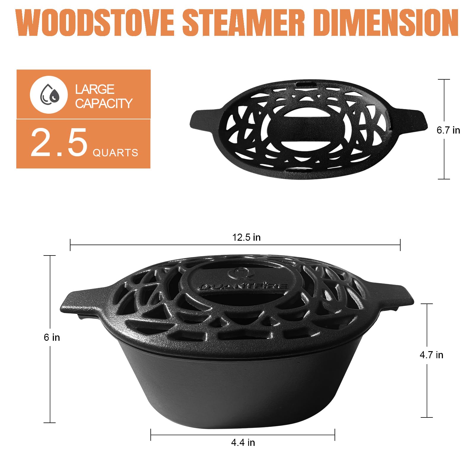 Quantfire Wood Stove Steamer Rust Resistant,Fireplace Humidifier Pot Cast Iron Steamer for Home Indoor Decorative,2.5 Quart Capacity Matte Black