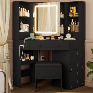 HAUOMS Vanity Desk with Mirror Lights, Storage Bench & Power Outlet, Corner Vanities with Rotating Cabinet & Drawers, 42.5" L Shaped Vanity Set, 3 Light Settings, for Women Girls, Modern Black