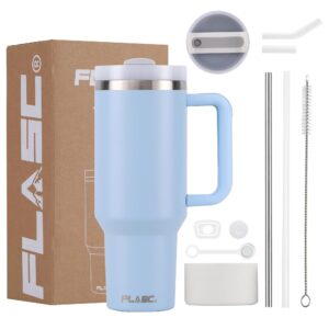 flasc 40 oz tumbler with handle and straw | 100% leakproof insulated tumbler with lid and straw | includes all accessories: stainless steel straw, silicon boot, straw cover & cleaner (sky blue)