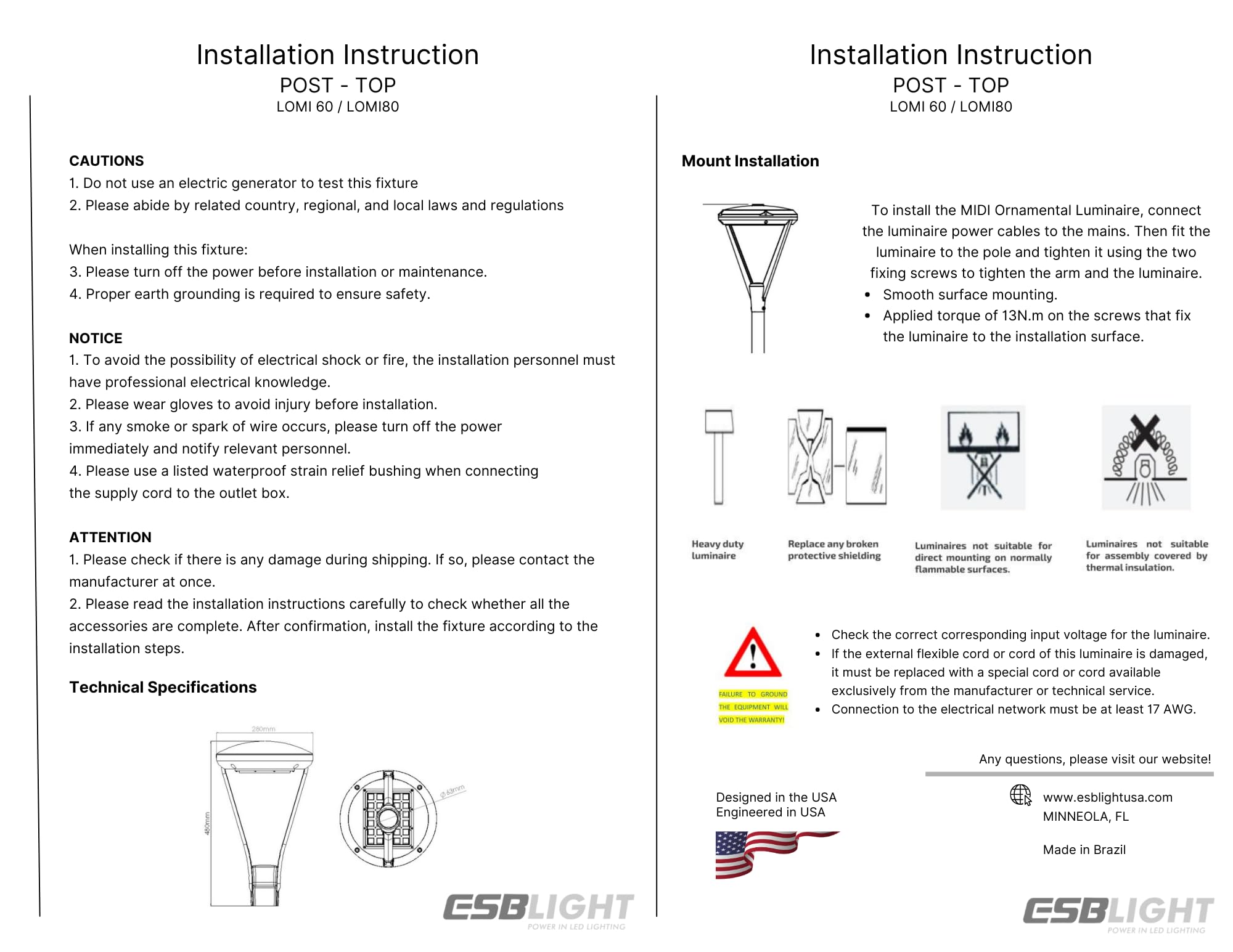 ESB LED Post Top Light Garden Streets Parking Lot, Commercial Area