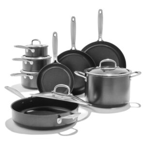 oxo softworks 13 piece cookware pots and pans set, 3-layered german engineered nonstick coating, good grips, durable scratch resistant fry pans, saucepans, stockpot, dishwasher & oven safe, gray