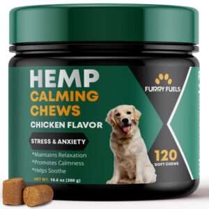 furry fuels calming chews for dogs - dog calming treats for dog relief, dog calming chews, helps with stress and better sleep, calming dog treats - chicken flavor - 120 chews