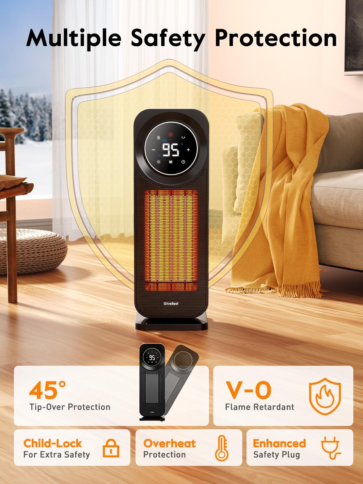 Givebest Touch Panel Space Heaters for Indoor Use, 1500W Fast Heating Electric Heater with Remote, 5 Modes, Quiet and Night Light, Thermostat Control, Ideal for Bedroom, Office