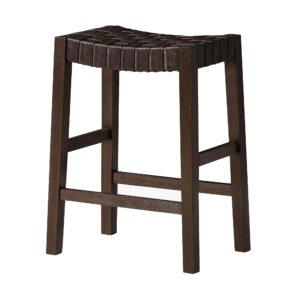 maven lane emerson 26 inch tall counter height backless saddle barstool in weathered brown wood finish with marksman saddle vegan leather seat