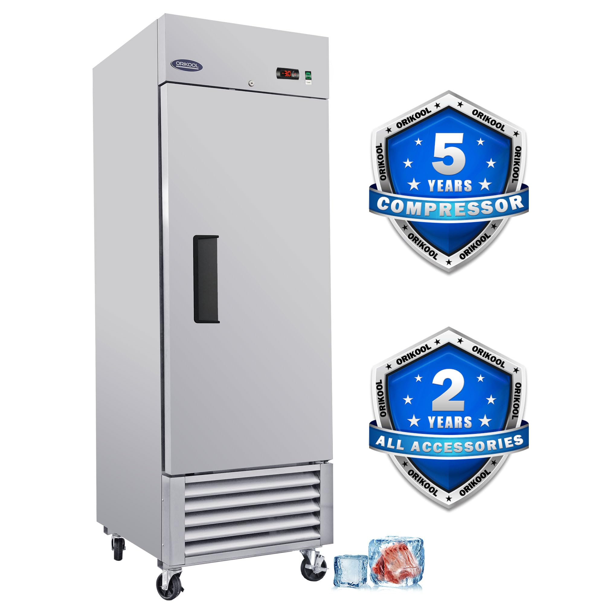 ORIKOOL 27"W Commercial Freezer Upright, -10℉ ~ 10℉ Stainless Steel Reach-in Freezer, 3 Adjustable Shelves, LED Lighting, 23 Cu.ft