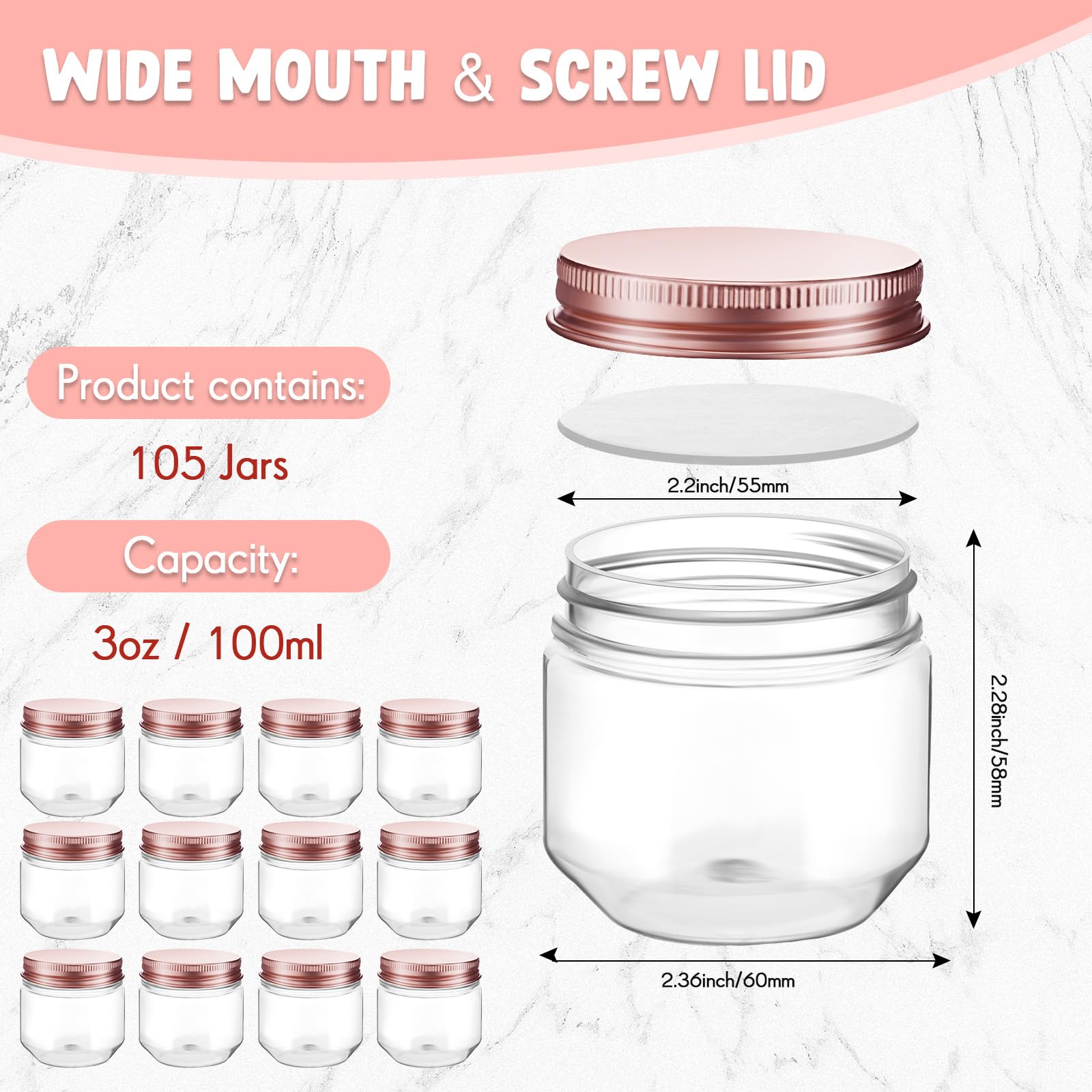 Maxcheck 105 Pcs 3 oz Wide Mouth Mason Jars Clear Plastic Jars with Lids Mini Storage Containers Bulk for Herb Jelly Wedding Favors Shower Party Favors(Rose Gold)