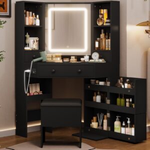 hauoms vanity desk with mirror lights, storage bench & power outlet, corner vanities with rotating cabinet & drawers, 42.5" l shaped vanity set, 3 light settings, for women girls, modern black