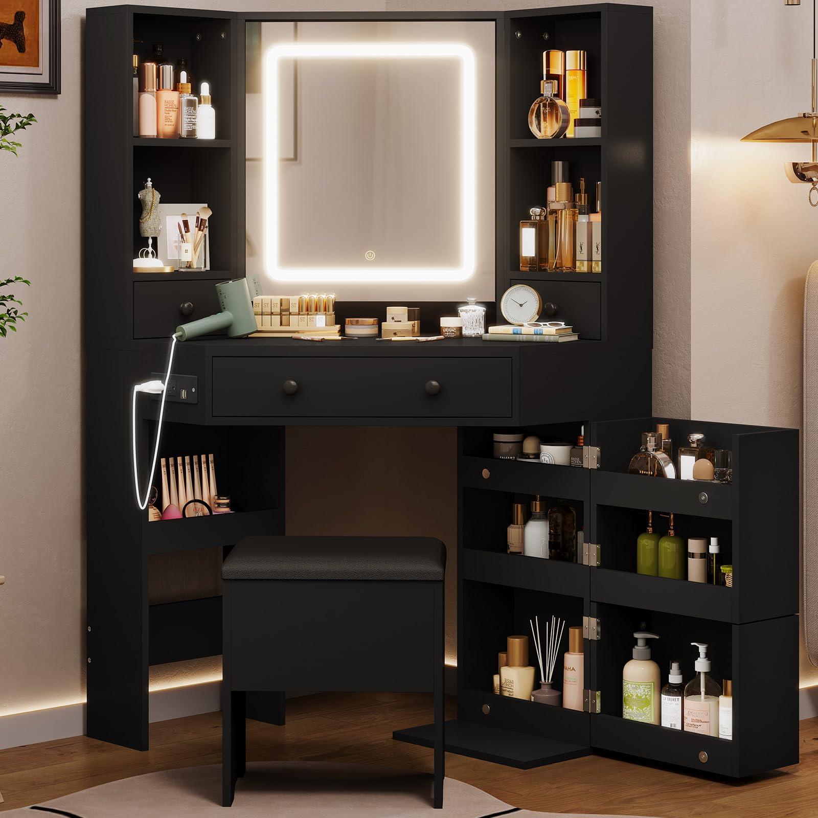 HAUOMS Vanity Desk with Mirror Lights, Storage Bench & Power Outlet, Corner Vanities with Rotating Cabinet & Drawers, 42.5" L Shaped Vanity Set, 3 Light Settings, for Women Girls, Modern Black