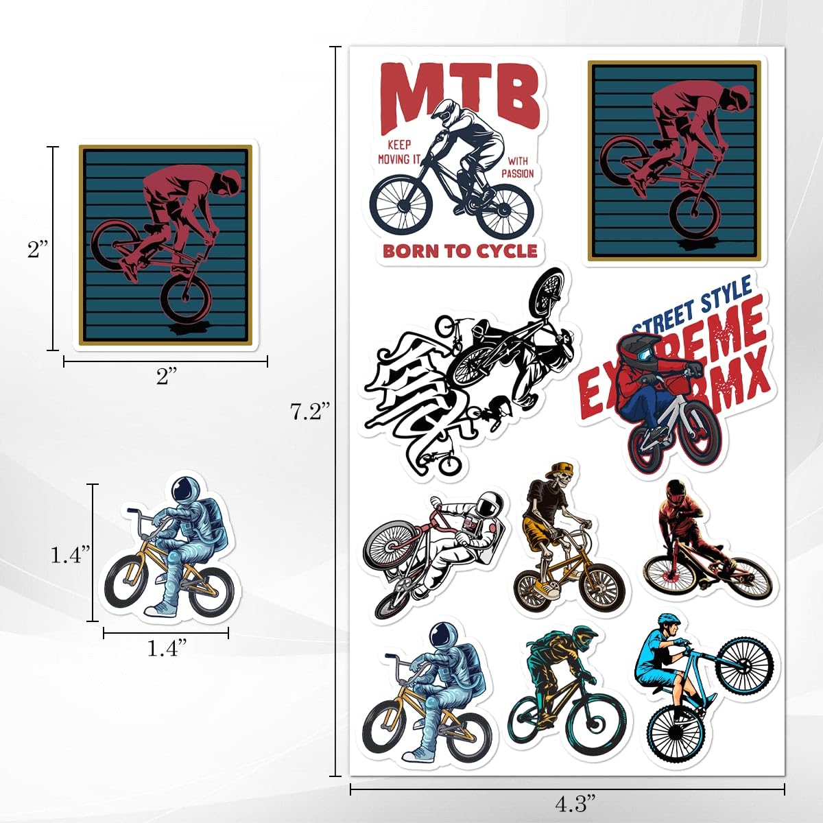 50 Pack Pcs BMX Bike Stickers for Water Bottles Waterproof Vinyl Laptop Luggage Scrapbooking Transportation Biking Sticker Packs Bulk Set Teens Adults Boys Aesthetic Small Decals