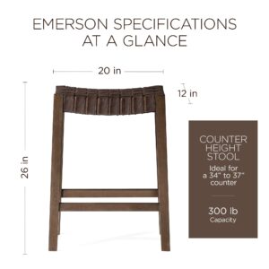 Maven Lane Emerson 26 Inch Tall Counter Height Backless Saddle Barstool in Weathered Brown Wood Finish with Marksman Saddle Vegan Leather Seat