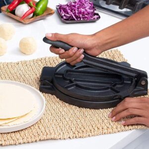 Cast Iron Tortilla Press, Heavy Duty Tortilla Pataconera, 12-inch Flour Tortilla Press with Foldable Handle, Taco press with Some Parchment Paper, Roti Maker, Black