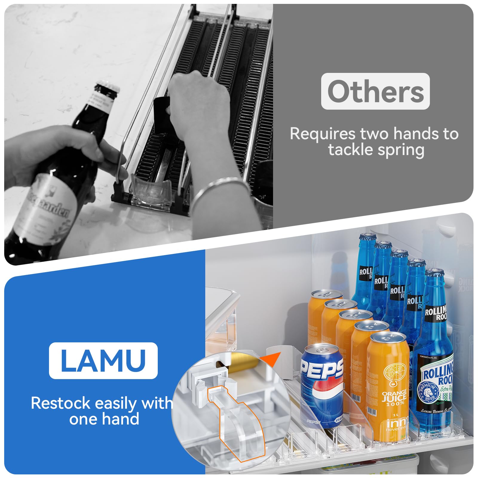 LAMU Drink Organizer for Fridge Automatic Pusher Glide Soda Can Dispenser Width Adjustable Pop Can Holder Beverage Organizer for Refrigerator 14.96"D Adjustable for 6-20oz (White 5 Rows)