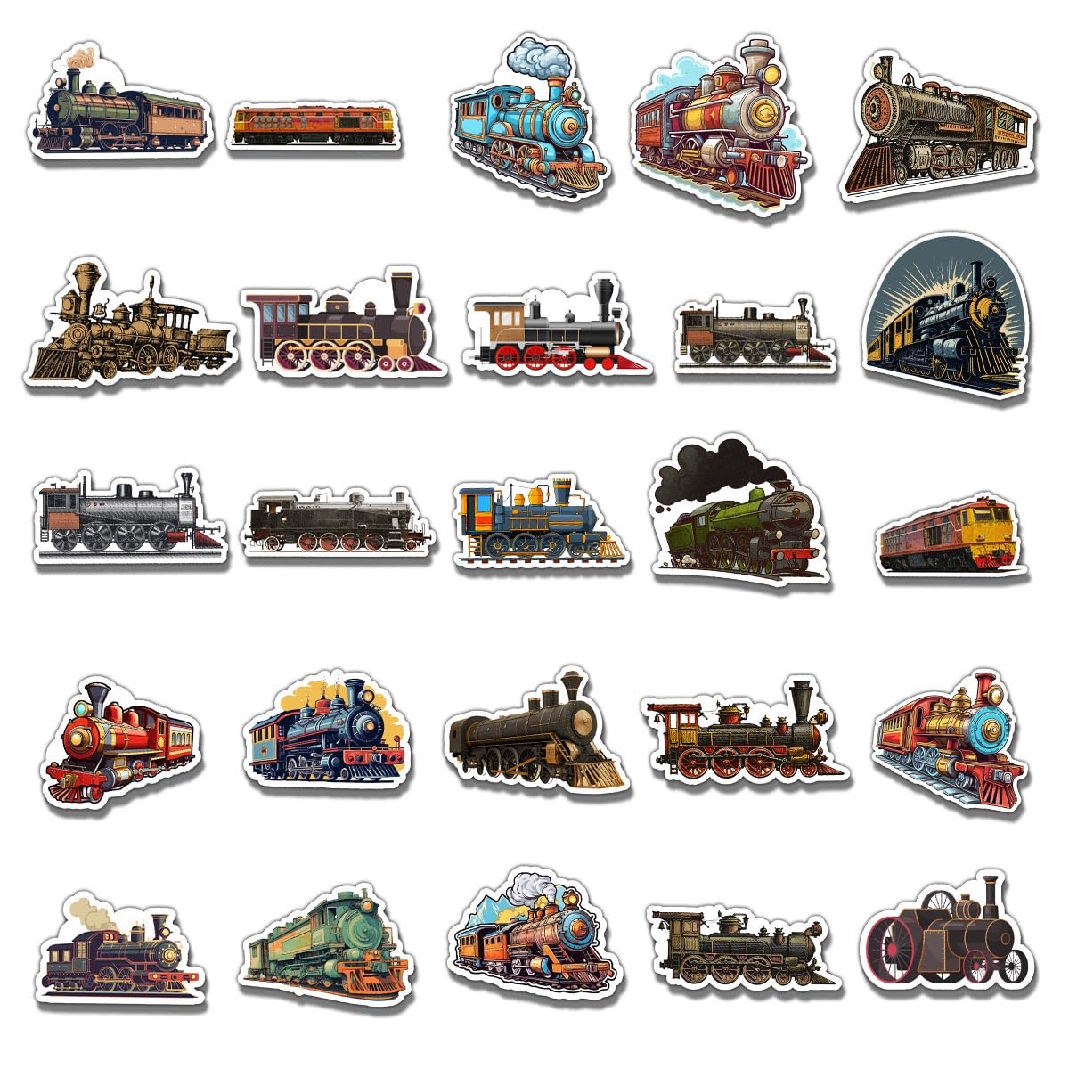 50 Pack Pcs Vintage Train Stickers for Water Bottles Waterproof Vinyl Laptop Luggage Scrapbooking Transportation Sticker Packs Bulk Set Adults Teens Boys Aesthetic Small Decals