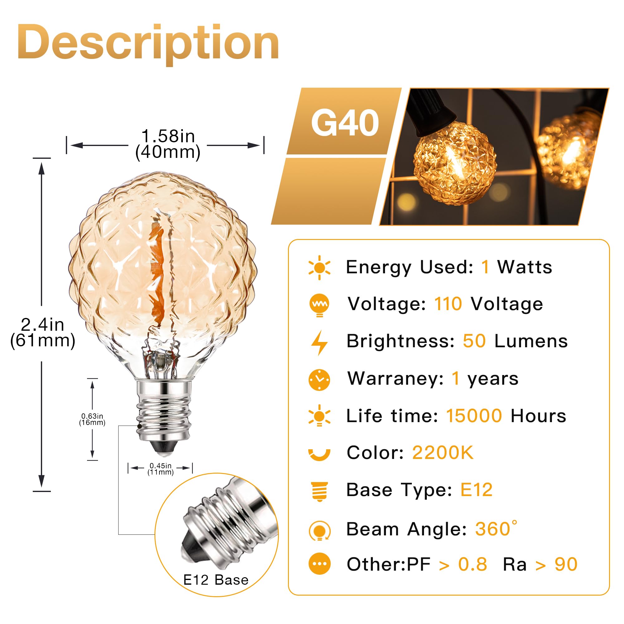 Hcnew Low Light Bulbs Warm Light,G40 Amber led Bulb,1 Watt Equivalent to 10W,50LM,2200K Ultra White,E12 LED Globe Bulbs Decorative Light Indoor Outdoor String Lights,Pineapple Shaped,6 Pack