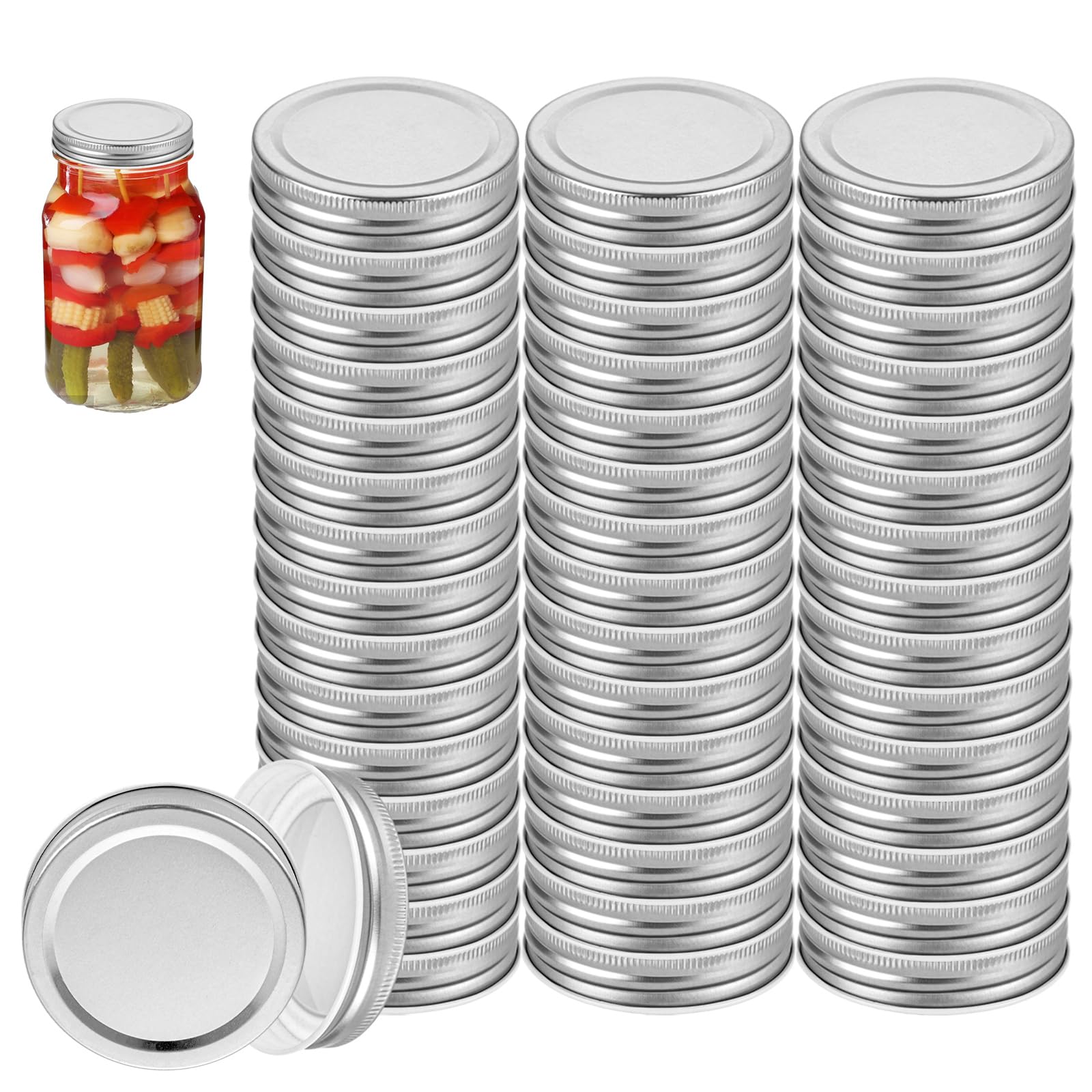 LOYORTY 50 pcs Regular Mouth Mason Canning Jar Lids, Reusable Metal Lids for Mason Jar, Leak Proof Secure Mason Storage Cover Caps (Silver)