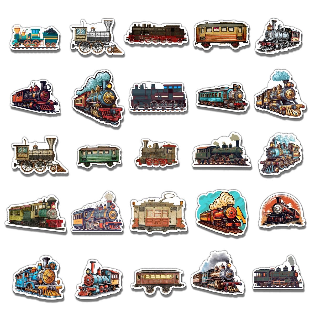 50 Pack Pcs Vintage Train Stickers for Water Bottles Waterproof Vinyl Laptop Luggage Scrapbooking Transportation Sticker Packs Bulk Set Adults Teens Boys Aesthetic Small Decals