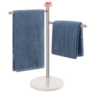 bathace hand towel holder, f-shape hand towel stand with marble base, stainless steel swivel stand hand towel rack free-standing towel bar for bathroom kitchen countertop, 2 arms (brushed nickel)