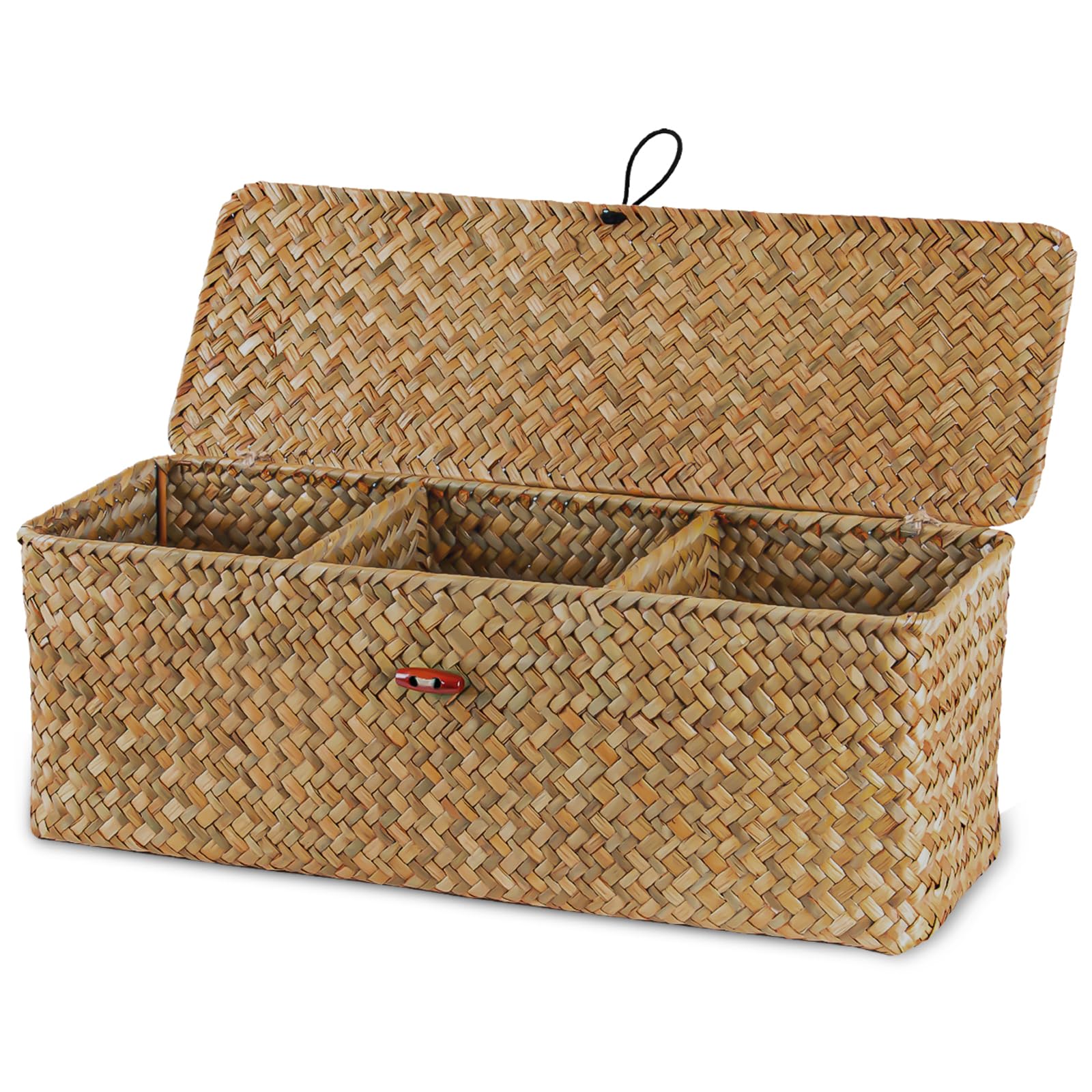 TaoTazon Woven Basket for Toilet With Lid, Seagrass Tank Woven Basket Organizer with 3 Sections, Toilet Tank Basket with Wood Tray for Toilet, Dresser(Big Size: 16.6 * 5.7 * 5.5inch)