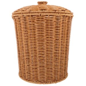 VICASKY Storage Basket with Lid Dirty Clothes Wicker Waste Basket Bedroom Storage Basket Containers with Lids Wicker Trash Can Rattan Waste Basket Woven Garbage Basket Seaweed Bracket Pp