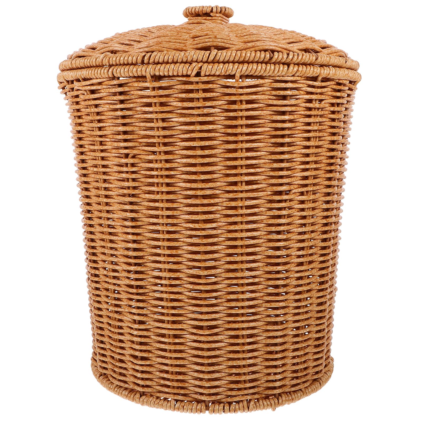 VICASKY Storage Basket with Lid Dirty Clothes Wicker Waste Basket Bedroom Storage Basket Containers with Lids Wicker Trash Can Rattan Waste Basket Woven Garbage Basket Seaweed Bracket Pp