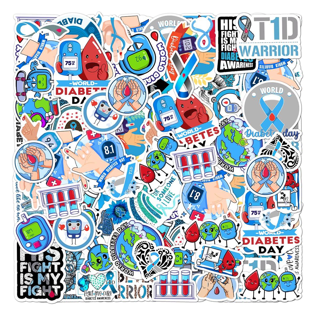 50 Pack Pcs Type 1 Diabetes Awareness Ribbon Stickers for Water Bottles Waterproof Vinyl Laptop Cute Funny Inspirational Sticker Packs Bulk Set Teens Adults Aesthetic Small Decals