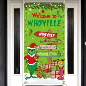 sunwer welcome to whoville door cover green elf christmas winter holiday party decoration front porch sign backdrop banner for home indoor outdoor decor