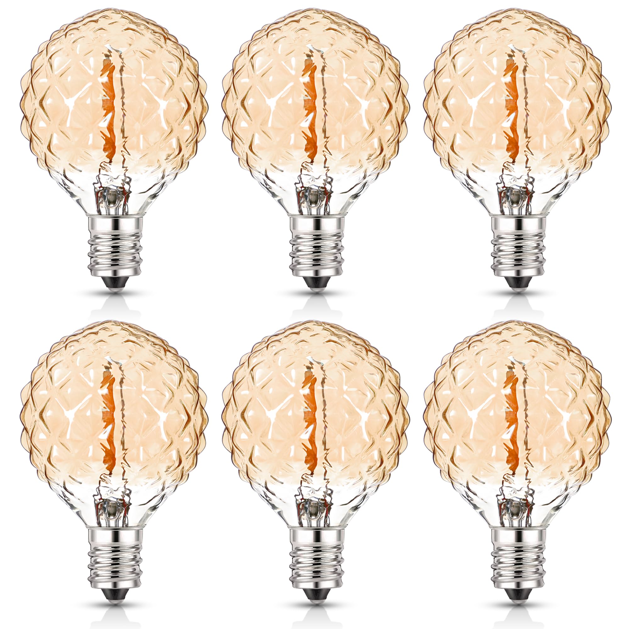 Hcnew Low Light Bulbs Warm Light,G40 Amber led Bulb,1 Watt Equivalent to 10W,50LM,2200K Ultra White,E12 LED Globe Bulbs Decorative Light Indoor Outdoor String Lights,Pineapple Shaped,6 Pack