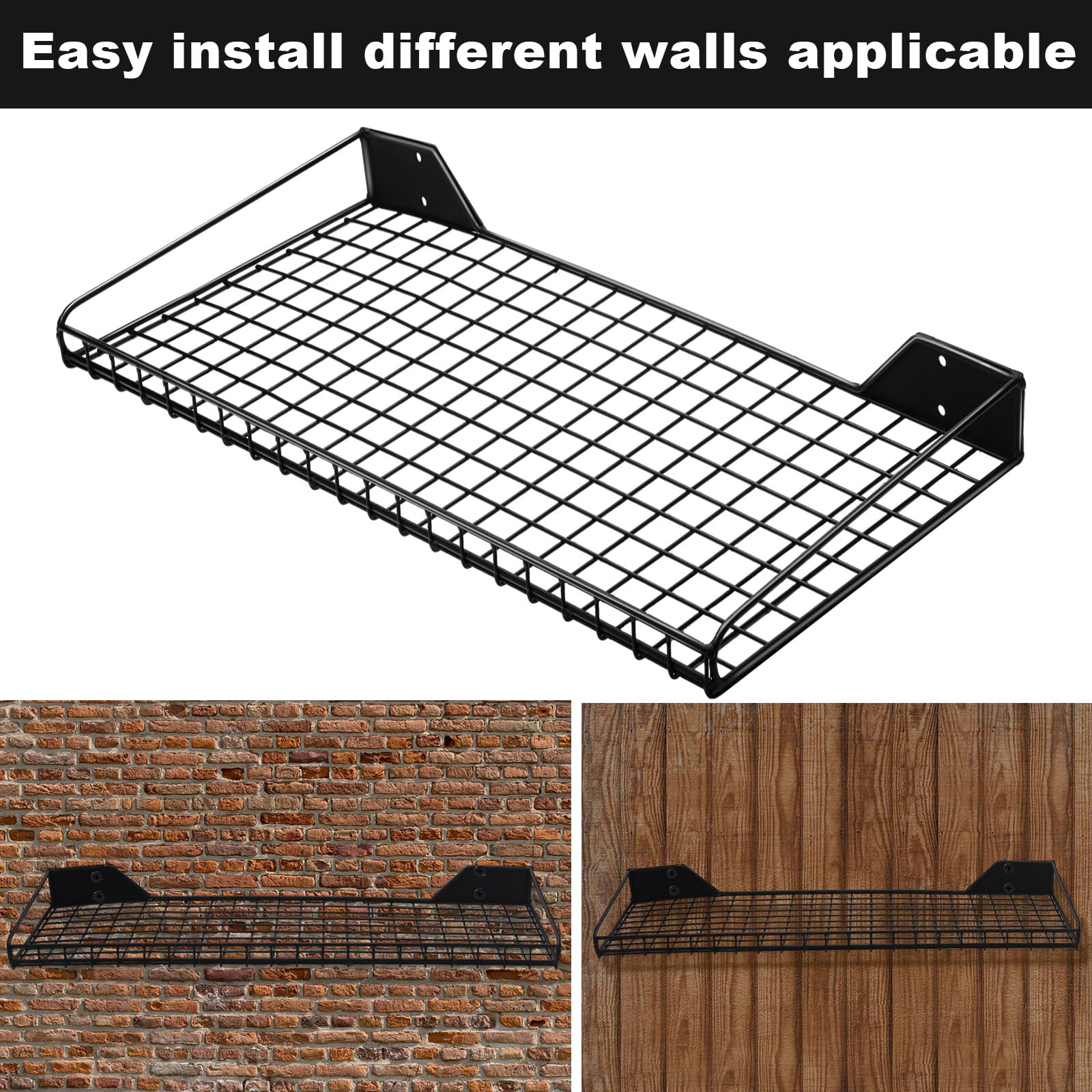 Suzile 4 Pcs Garage Wall Shelf 23.6'' x 11.8'' Wall Mount Heavy Duty Metal Shelves Mesh Storage Rack for Garage, Office, Basement and Kitchen, Load up to 100 Lbs, Black