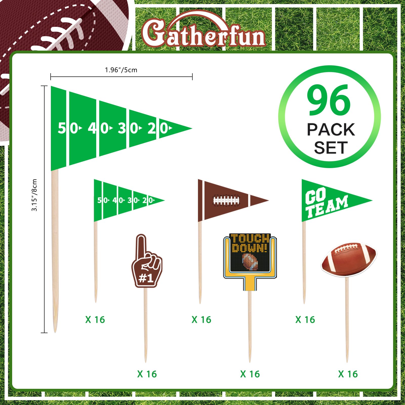 Gatherfun 96pcs Football Themed Toothpicks, Cupcake Toppers, Cocktail Picks for Birthday Party, Game Day, Tailgate Decorations