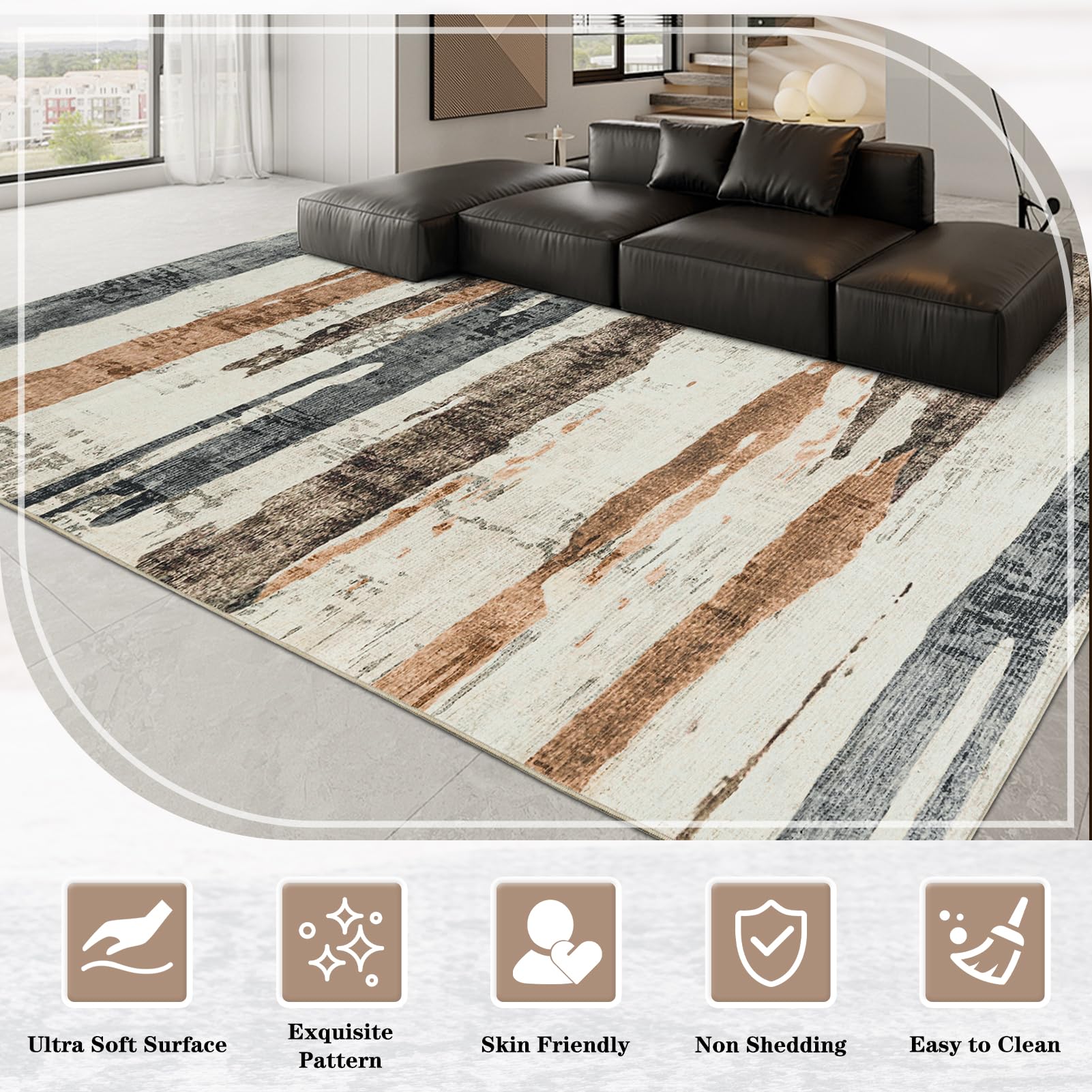 OMERAI Washable Rug 6'x9' Abstract Machine Washable Rugs Ultra-Thin Area Rugs for Living Room Non Slip Stain Resistant Modern Carpet for Bedroom Dining Room Office Kitchen Brown Rug Washable (Brown)